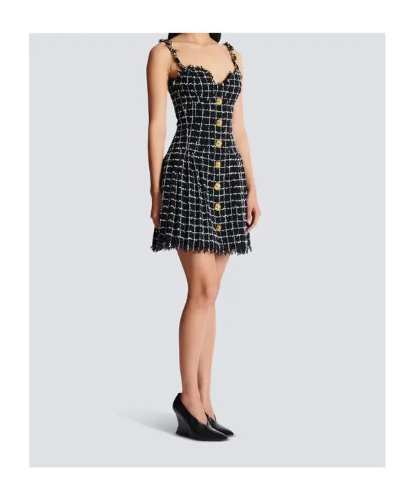 Balmain Tweed Chain Strap Dress - Black