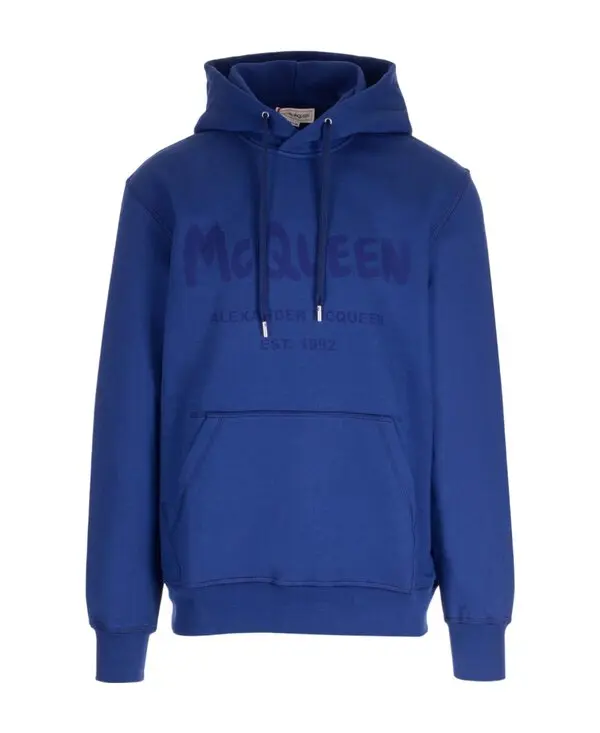Alexander McQueen Logo Printed Drawstring Hoodie - Blue