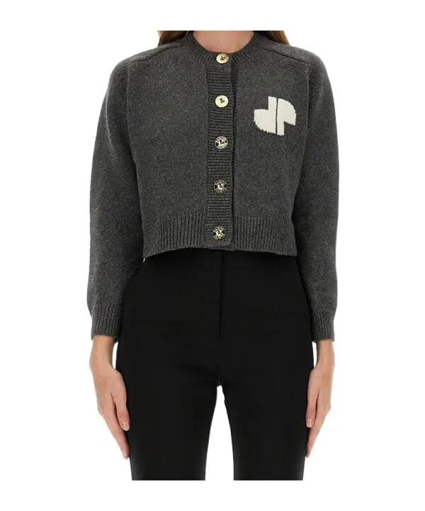 PATOU Cropped Button-up Knit Cardigan With Art Deco Initials - Black