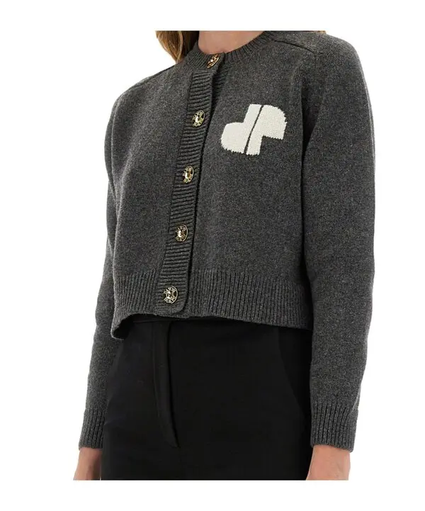 PATOU Cropped Button-up Knit Cardigan With Art Deco Initials - Black