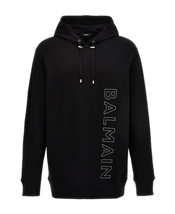 Balmain Logo Embossed Drawstring Hoodie - Black