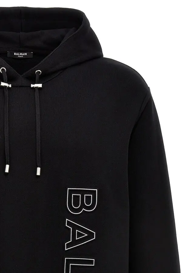 Balmain Logo Embossed Drawstring Hoodie - Black