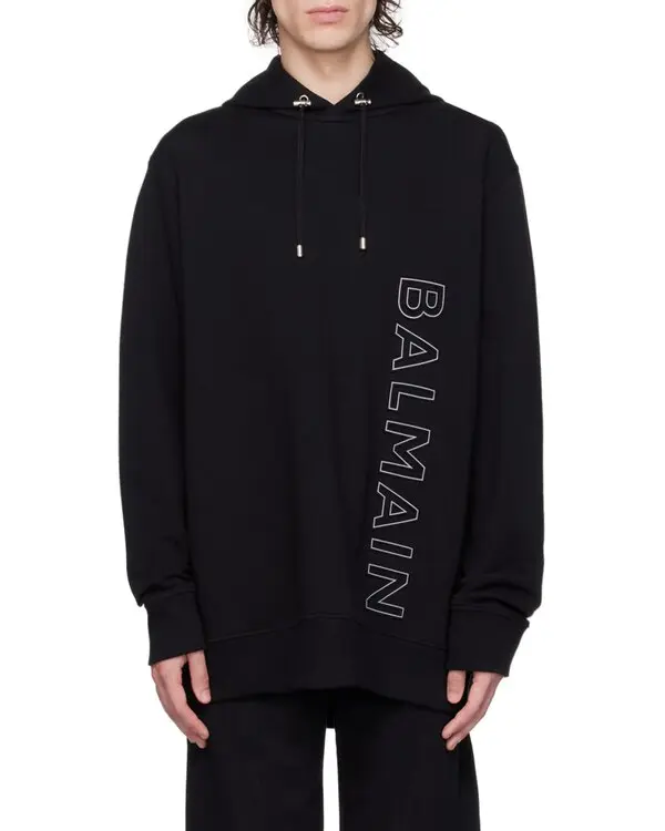 Balmain Logo Embossed Drawstring Hoodie - Black