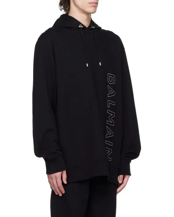 Balmain Logo Embossed Drawstring Hoodie - Black