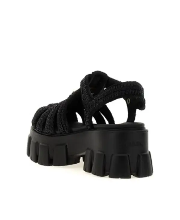 Prada Lafifera Effect Yarn Crochet Sandals With Metal Buckles - Black
