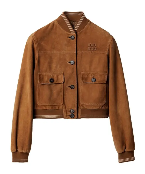 Miu Miu Cropped Button-up Blouson Jacket With Knitted Collar And Embossed Logo
