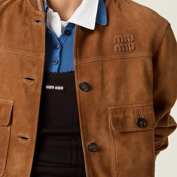 Miu Miu Cropped Button-up Blouson Jacket With Knitted Collar And Embossed Logo