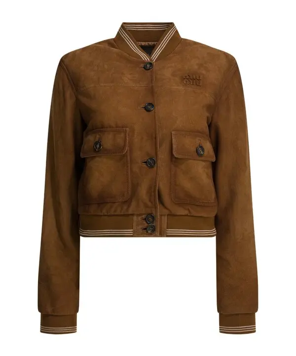 Miu Miu Cropped Button-up Blouson Jacket With Knitted Collar And Embossed Logo - No