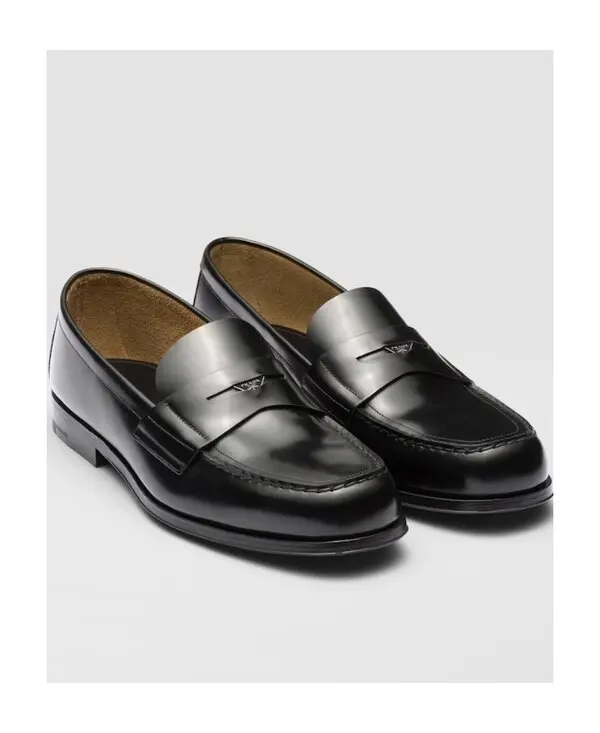 Prada Brushed Leather Slip-on Penny Loafers With Enameled Triangle Logo - Black