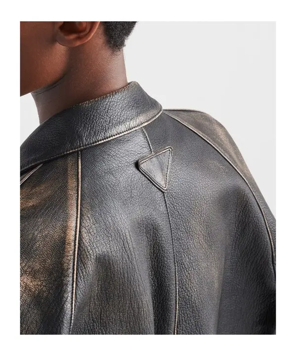 Prada Leather Zip-up Jacket With Triangle Logo - Black