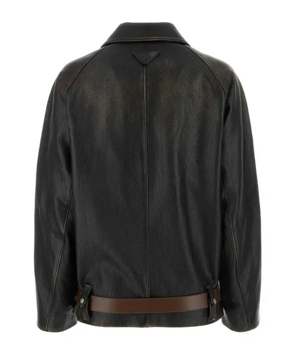 Prada Leather Zip-up Jacket With Triangle Logo