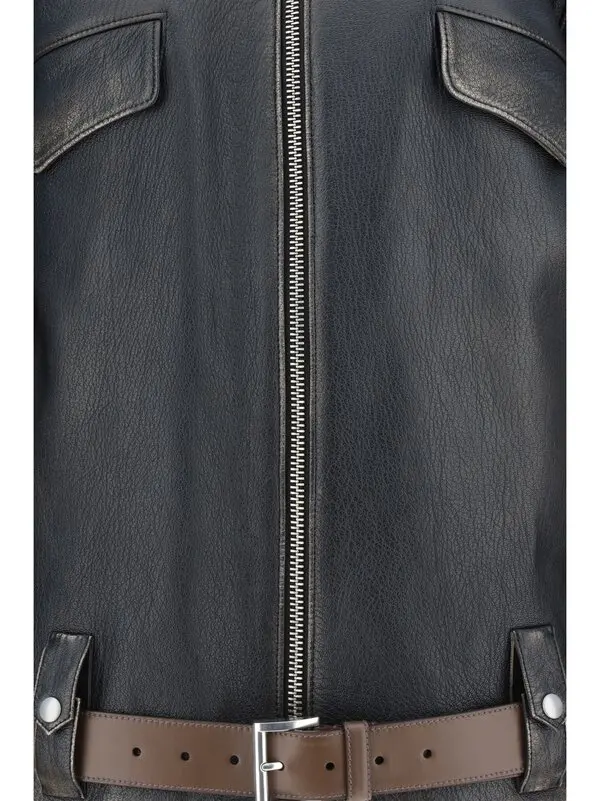 Prada Leather Zip-up Jacket With Triangle Logo