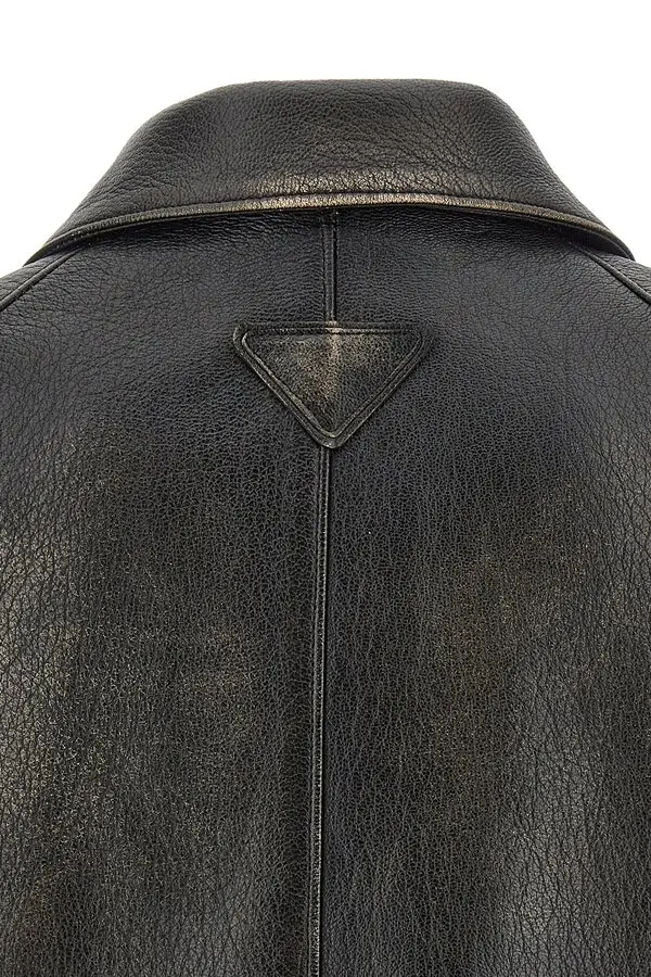 Prada Leather Zip-up Jacket With Triangle Logo