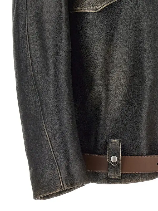 Prada Leather Zip-up Jacket With Triangle Logo
