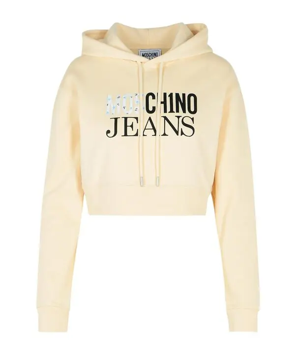 Moschino Logo Printed Cropped Hoodie - Ivory