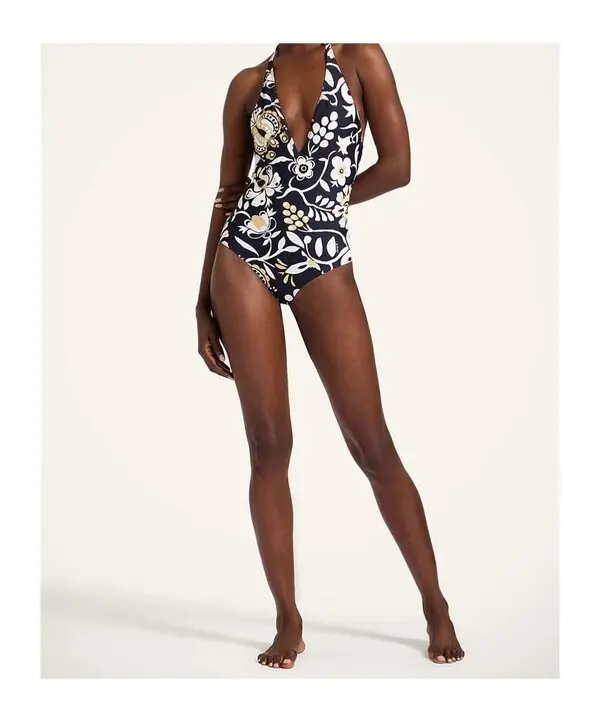 La DoubleJ Halterneck Floral One-piece Swimsuit - Black