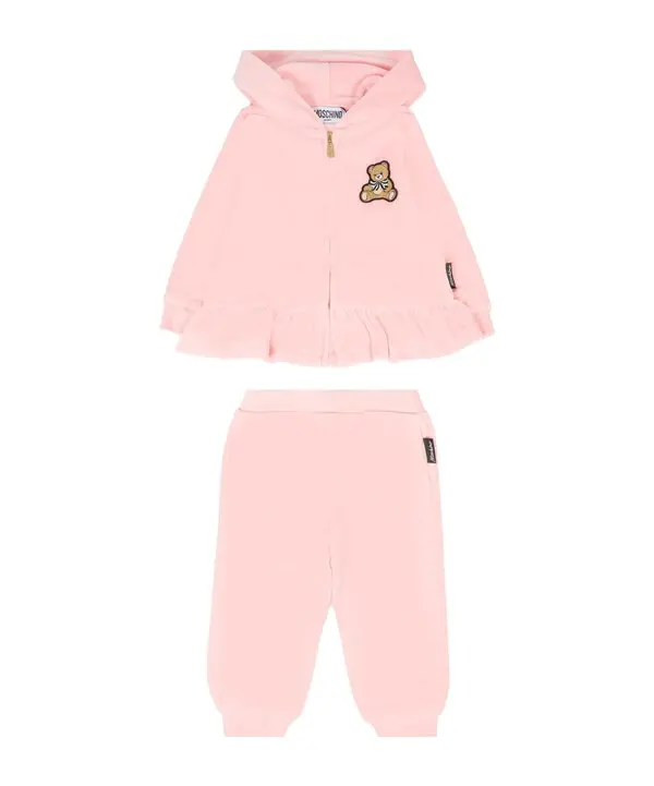 Moschino Long-sleeved Zip-up Hoodie And Jogger Set With Teddy Bear Embellishment - Pink