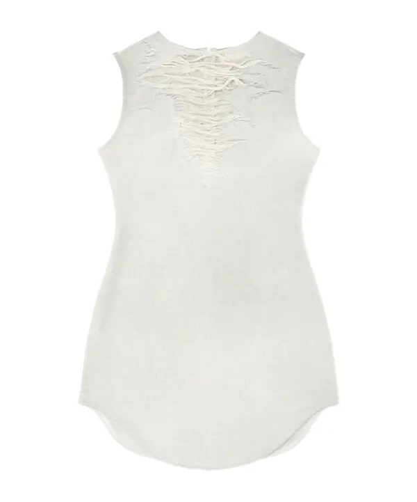 DIESEL® D-yasmi Distressed Fringed Neckline Mini Dress - Light Gray