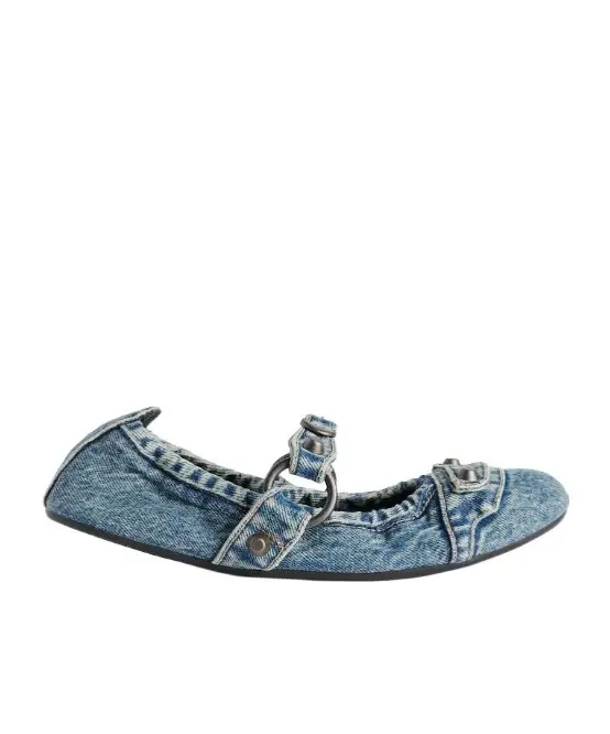 Balenciaga City Denim Ballet Flats With Studs And Buckles - Blue