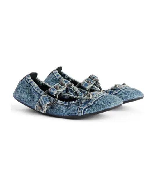 Balenciaga City Denim Ballet Flats With Studs And Buckles - Blue
