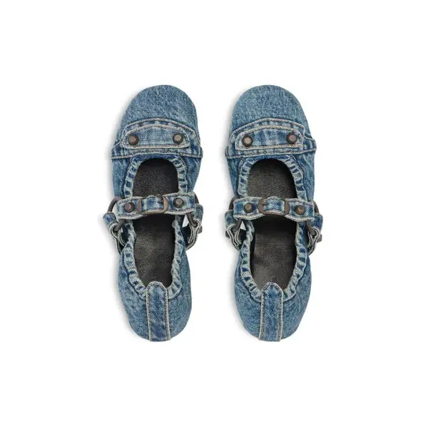 Balenciaga City Denim Ballet Flats With Studs And Buckles - Blue