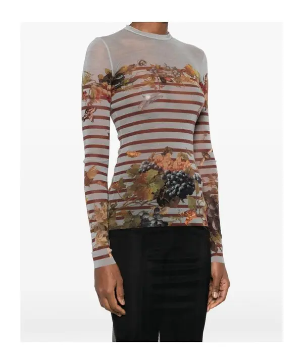 JEAN PAUL GAULTIER Striped Grape-print Long-sleeve Top - Gray