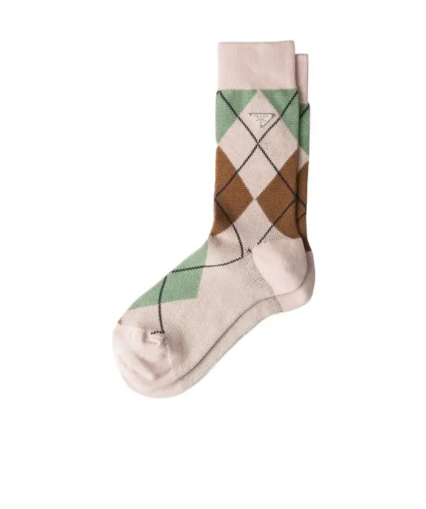 Prada Triangle-logo Checked Socks - Nude