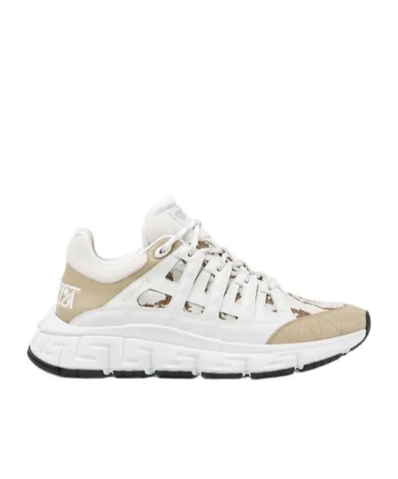 Versace Trigreca Barocco-jacquard Lace-up Sneakers - White/beige