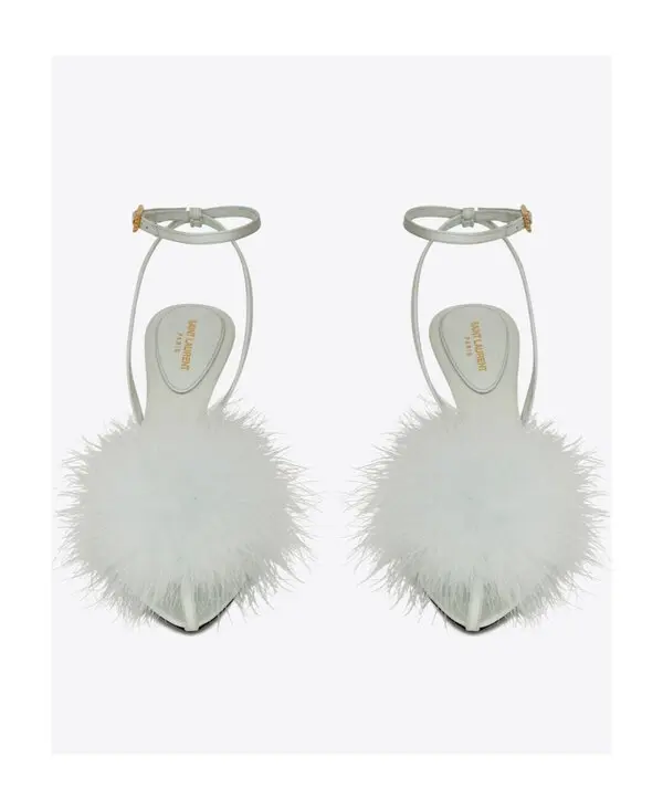 Saint Laurent Mae Pointed Toe Mules With Feather Tassels - White