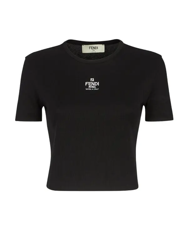 Fendi Logo Embroidered Crewneck Cropped T-shirt - Black