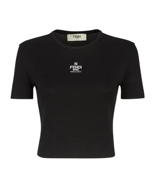 Fendi Logo Embroidered Crewneck Cropped T-shirt - No