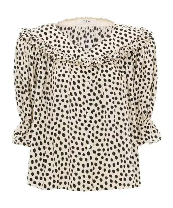 Chloé Polka Dot Puff-sleeve Ruffled Top - Beige-black