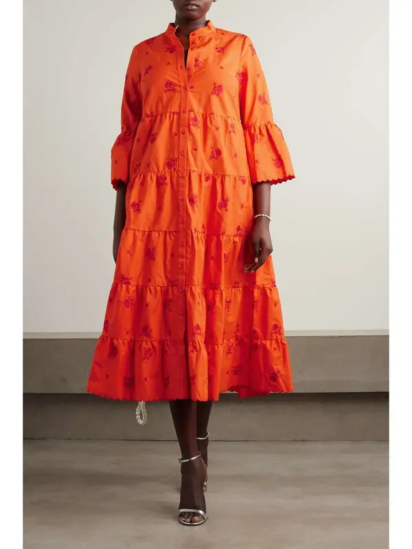 Erdem Laminated Floral Print Tiered Midi Dress