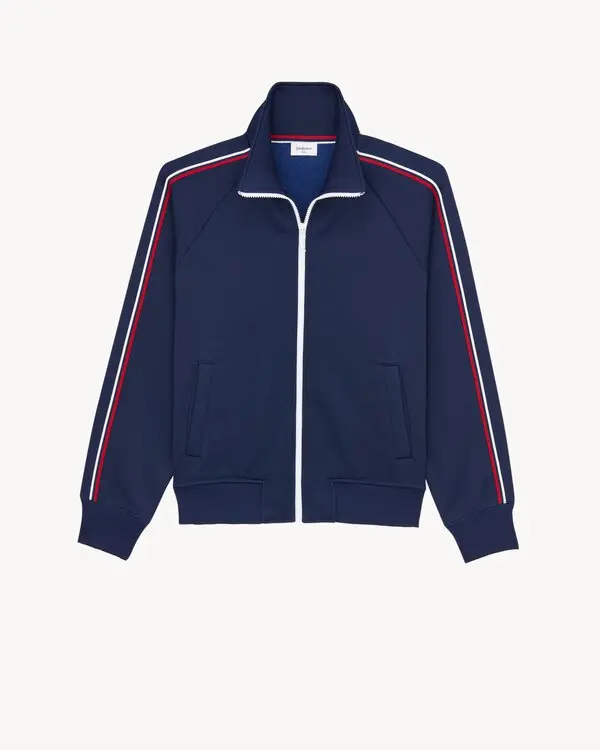 Saint Laurent Zip-up High Neck Track Jacket With Ribbed Details - Navy