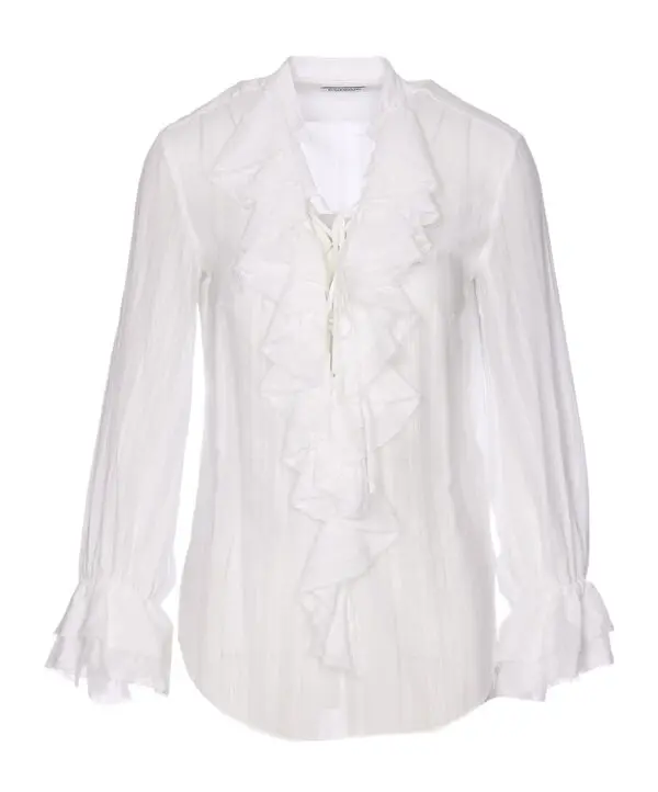 DONDUP Ruffle Trim Tie Neck Long Sleeve Blouse - White