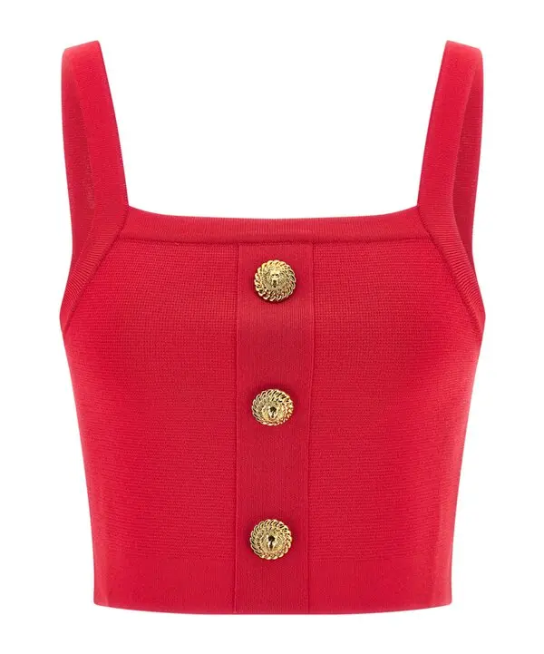 Balmain Ribbed Knit Bralette Top With Logo Buttons - Red