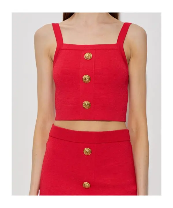 Balmain Ribbed Knit Bralette Top With Logo Buttons - Red