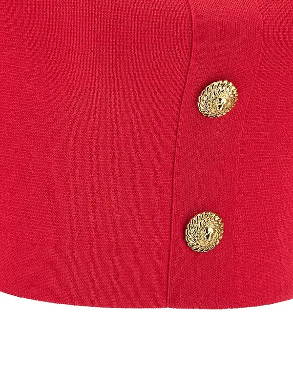 Balmain Ribbed Knit Bralette Top With Logo Buttons - Red