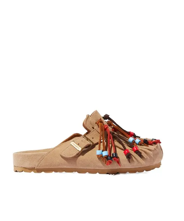 SCAROSSO Muller Round Toe Mules With Tassel And Bead Embellishments - Nude
