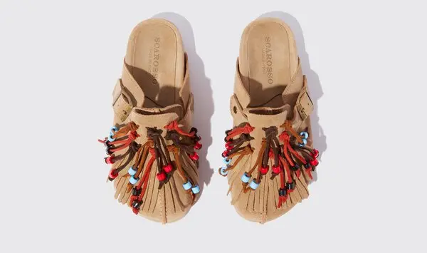 SCAROSSO Muller Round Toe Mules With Tassel And Bead Embellishments - Nude
