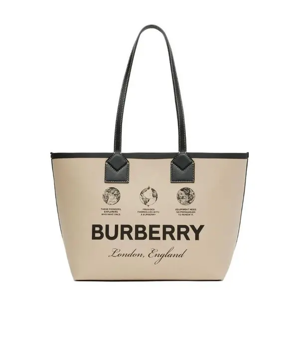 Burberry Logo Printed Cotton Tote Bag With Leather Trim
