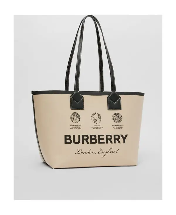 Burberry Logo Printed Cotton Tote Bag With Leather Trim