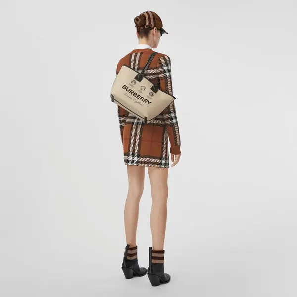 Burberry Logo Printed Cotton Tote Bag With Leather Trim