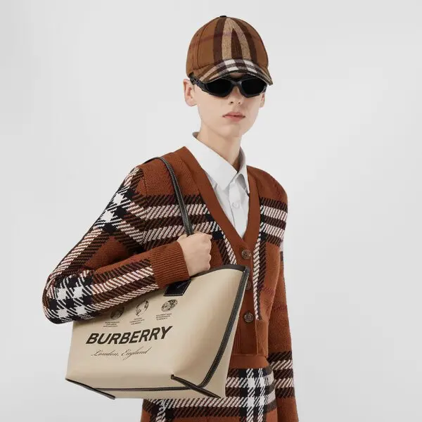 Burberry Logo Printed Cotton Tote Bag With Leather Trim