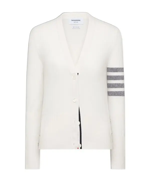 Thom Browne Classic Cashmere V-neck Cardigan With Four-bar Detail - White