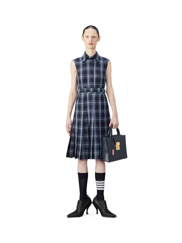 Thom Browne Plaid Check Pleated Shirtdress