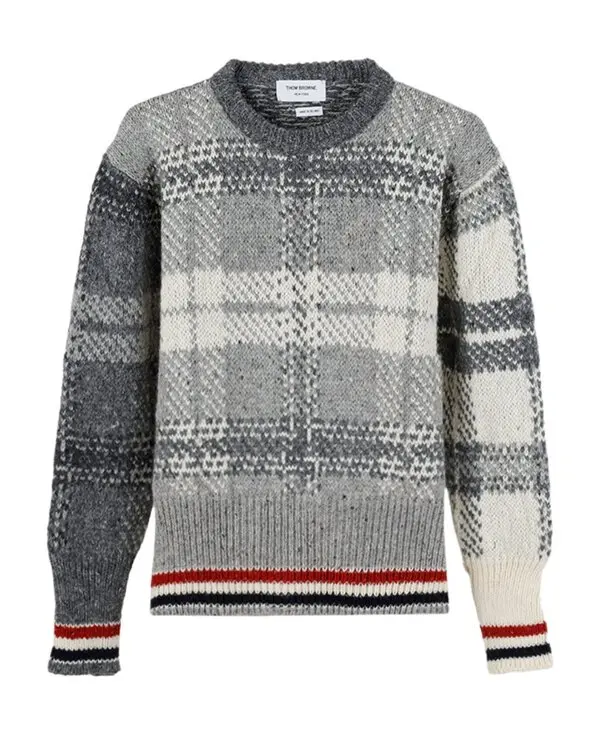 Thom Browne Tartan Printed Ribbed Pullover With Striped Detailing