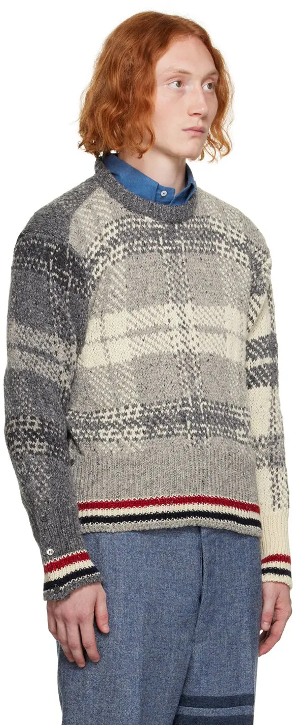 Thom Browne Tartan Printed Ribbed Pullover With Striped Detailing