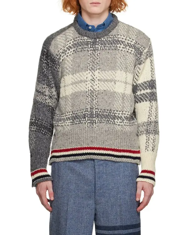 Thom Browne Tartan Printed Ribbed Pullover With Striped Detailing