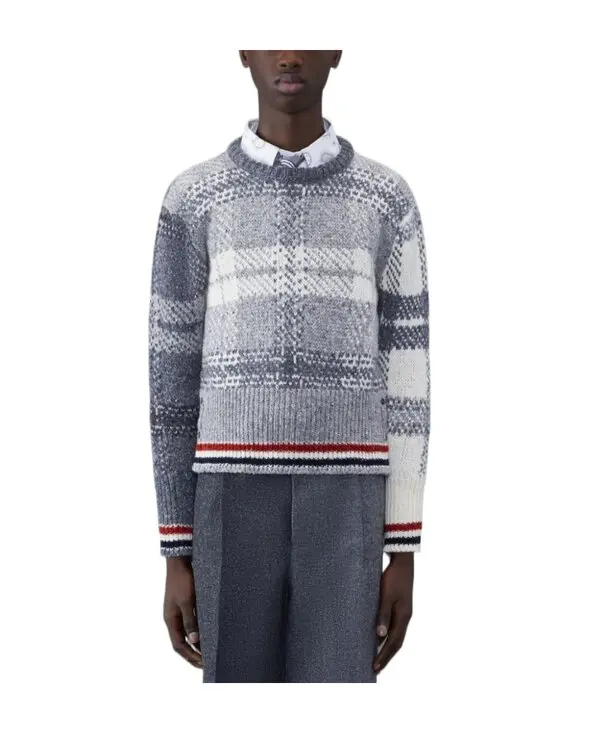 Thom Browne Tartan Printed Ribbed Pullover With Striped Detailing